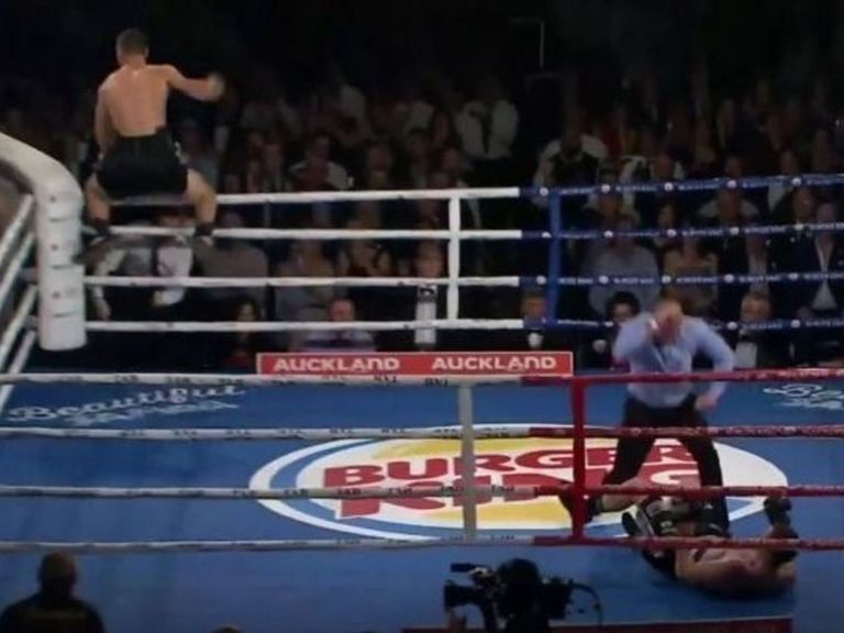 New Zealand boxer falls out of ring while celebrating knockdown ...