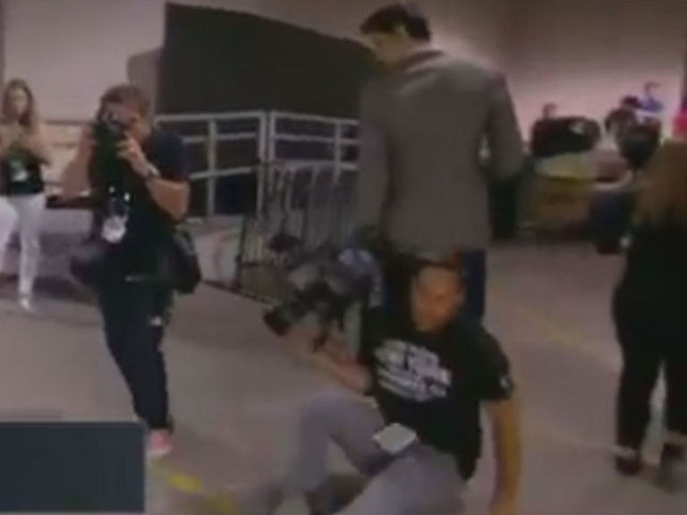 Falling cameraman almost takes out Dragan Bender | theScore.com