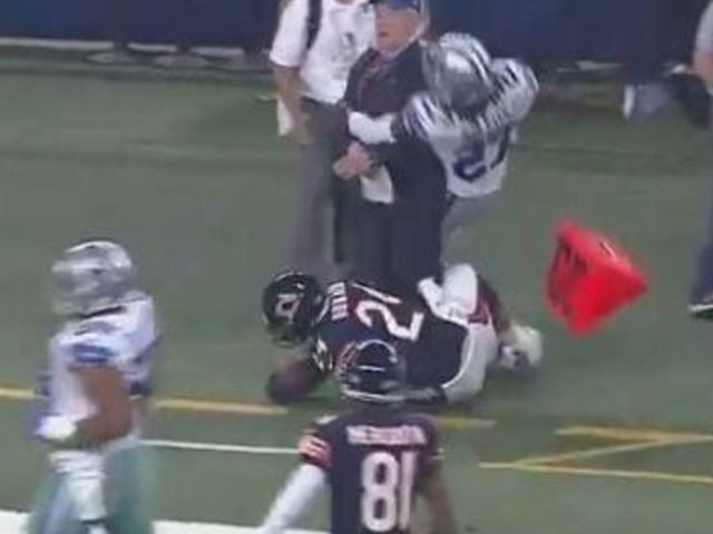 Old man gets run over on sideline during Bears-Cowboys game…