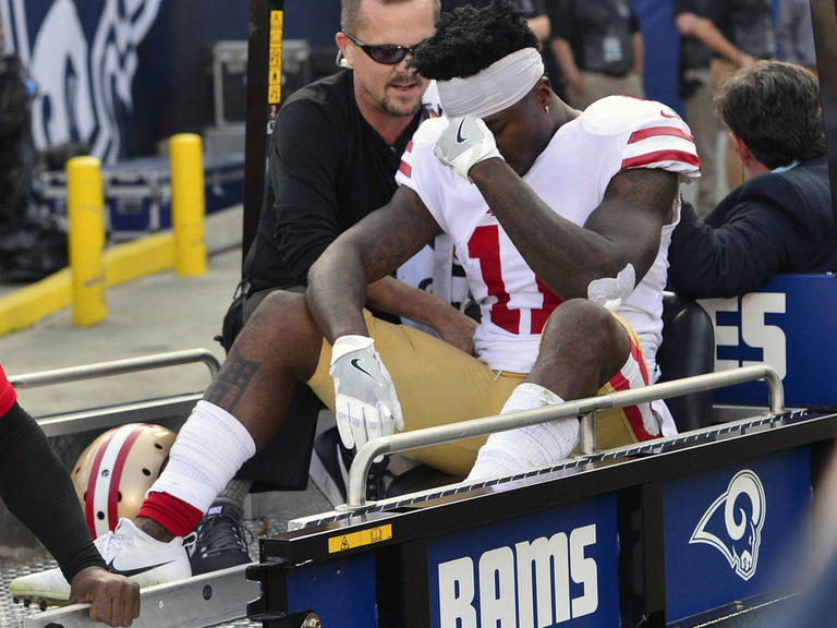 49ers' Goodwin carted off field after taking blow to head | theScore.com